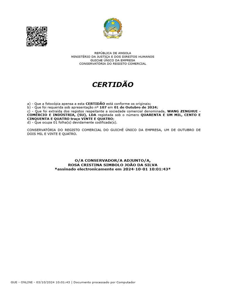 CERTIDÃO DA EMPRESA WANG ZENGHUI - COMÉRCIO E INDÚSTRIA 03-10-2024 | PDF