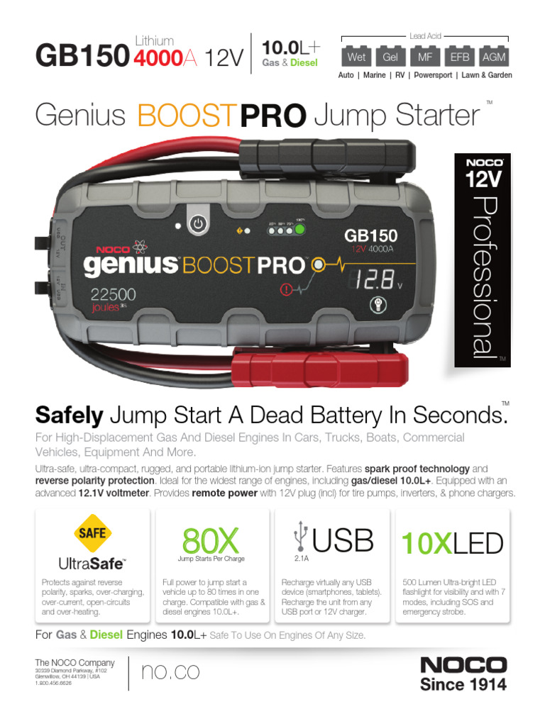 Genius Boost Car Battery Jump Starter Sell Sheet gb150 | PDF | Battery Charger | Rechargeable ...