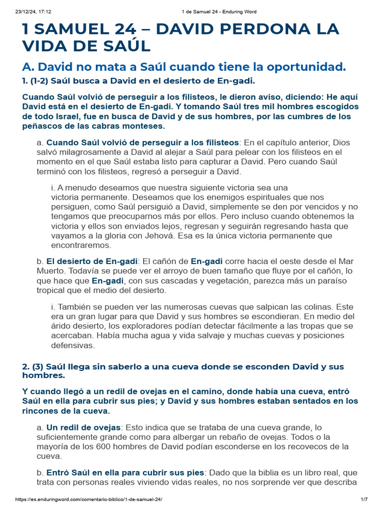1 Samuel 24 – David Perdona La Vida de Saúl | PDF | Saulo | David