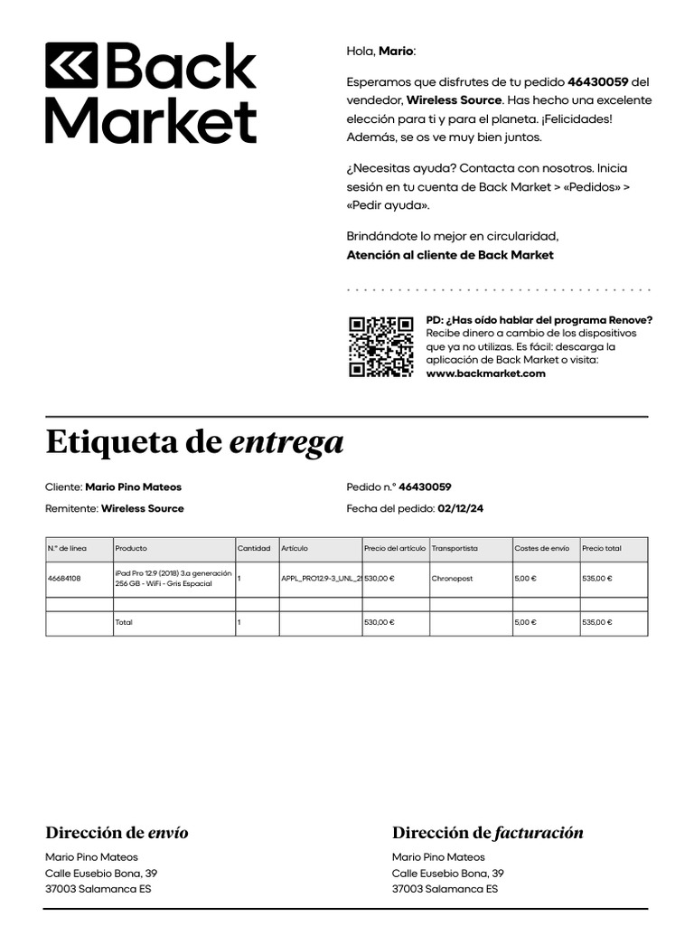 Confirmación de Pedido 46430059 | PDF | Informática