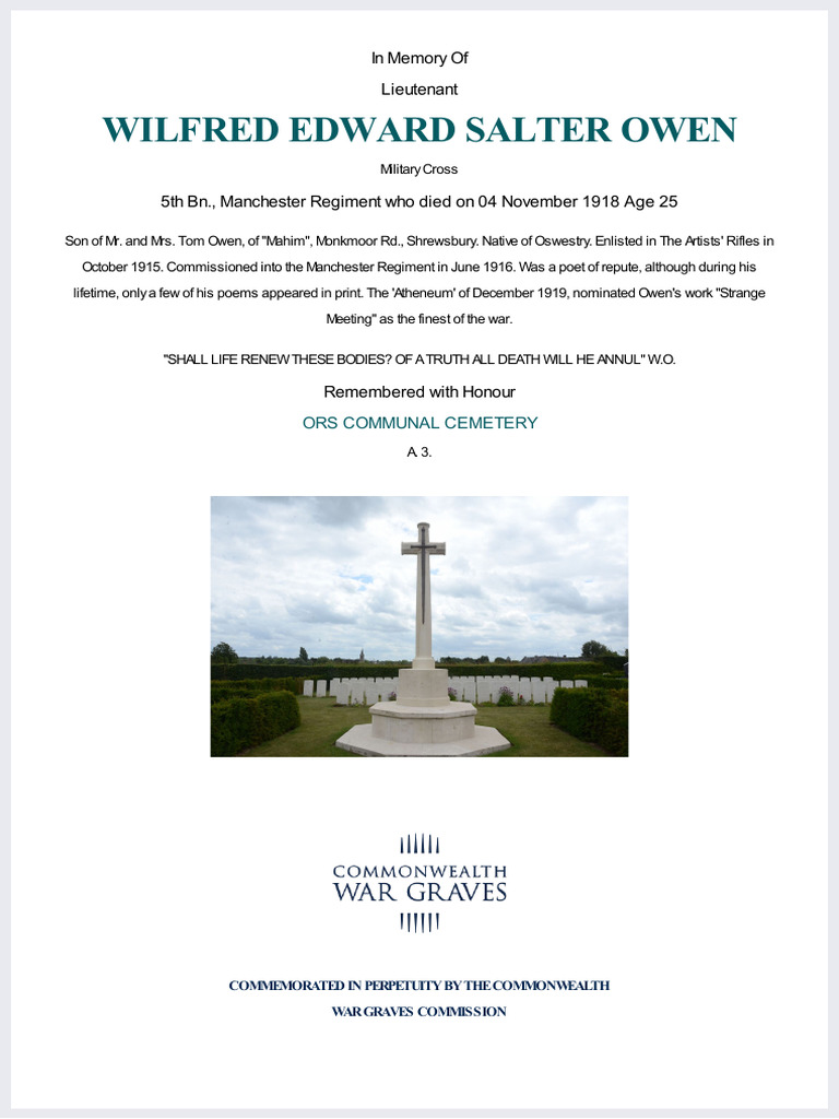 Lieutenant Wilfred Edward Salter Owen - CWGC Certificate | PDF