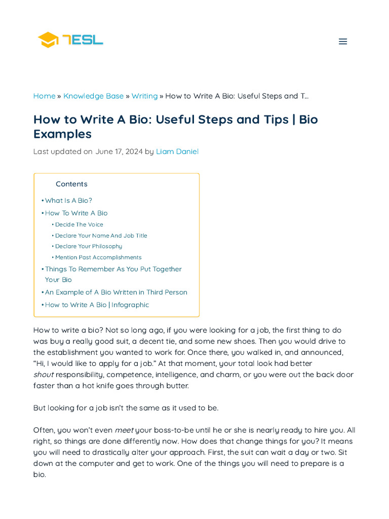 How To Write A Bio - Useful Steps and Tips - Bio Examples - 7ESL | PDF