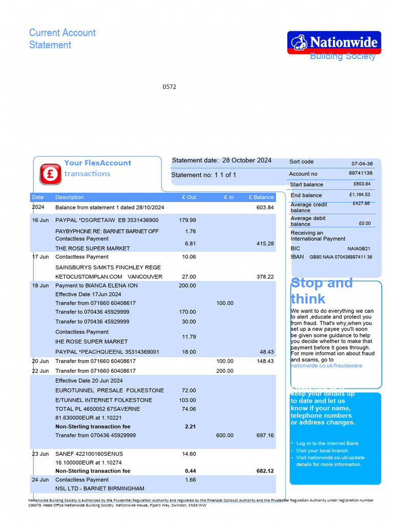 UK Nationwide Bank Statement 28-10-2024 | PDF | Overdraft | Cash