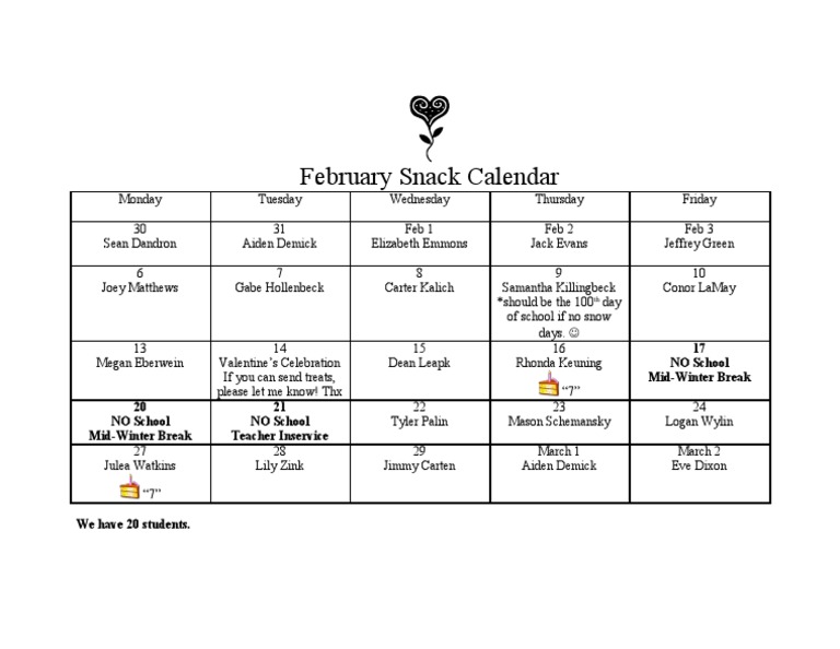 February Snack Calendar | PDF