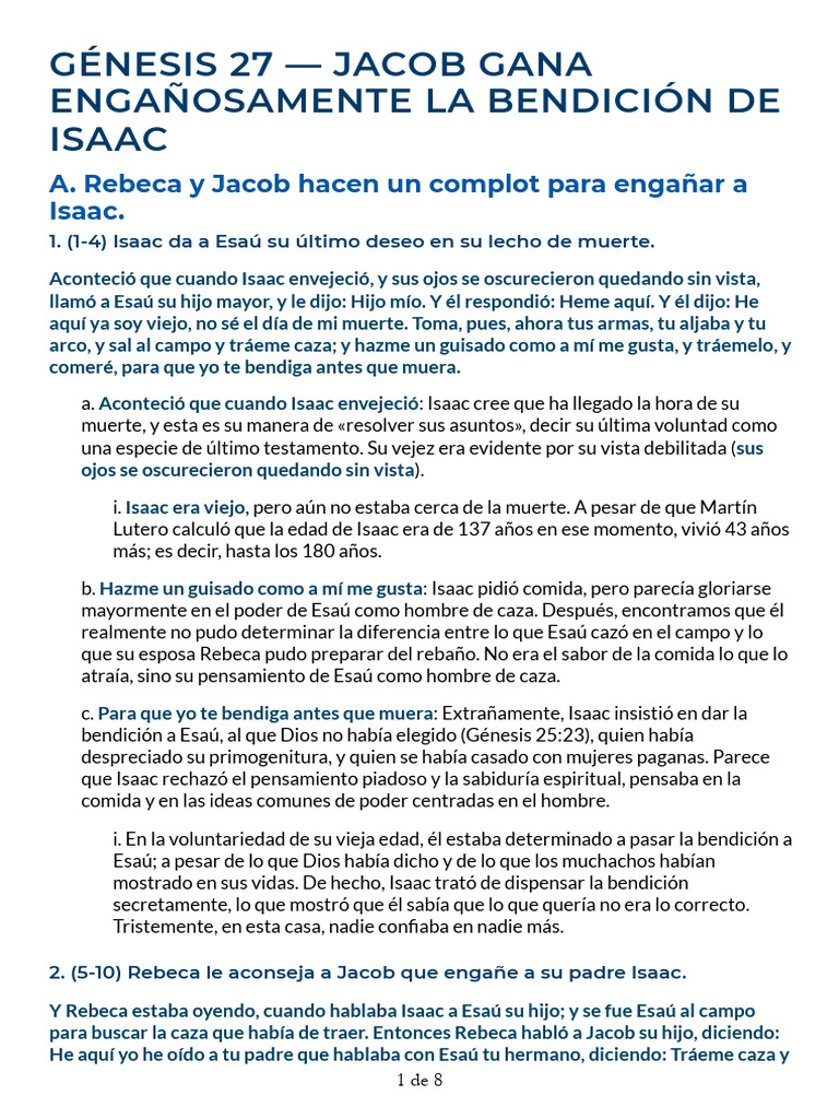 Génesis 27 - Jacob Gana Engañosamente La Bendición de Isaac | PDF | Jacob | Bendición