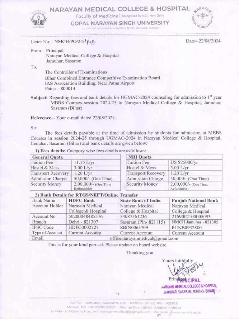 Fee Details NMCH Sasaram | PDF