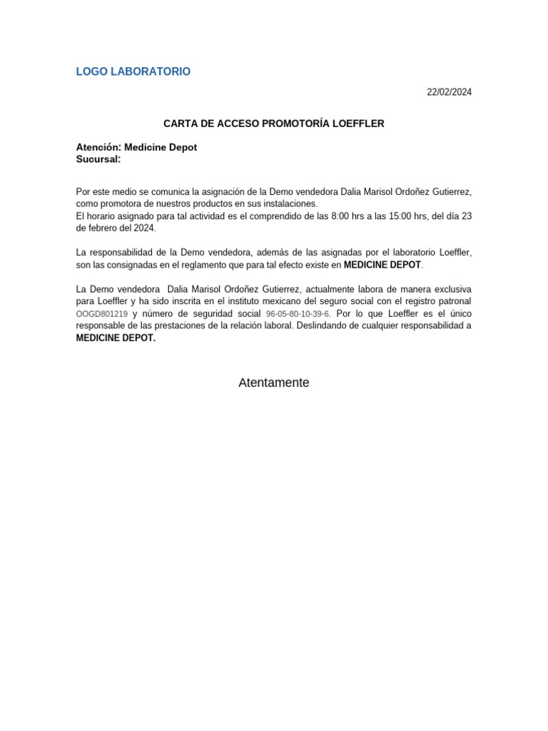 Carta de Acceso Promotoria Evento | PDF