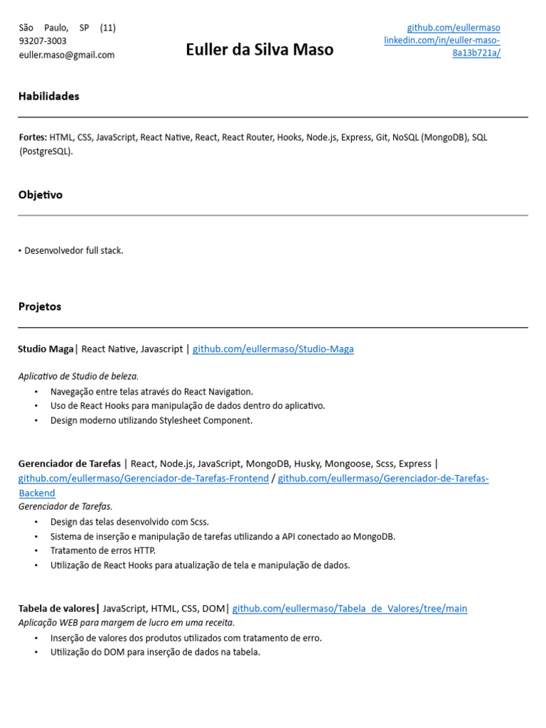Desenvolvedor Full Stack: Projetos e Habilidades | PDF