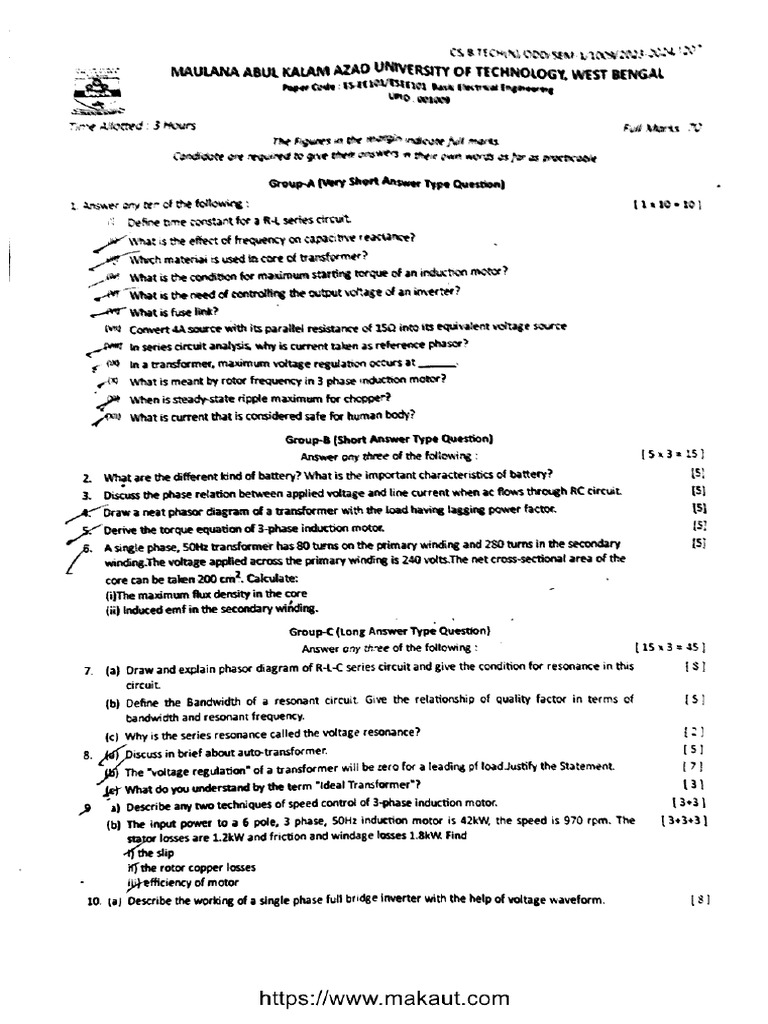 Btech 2 Sem Basic Electrical Engineering Es Ee101 2024 | PDF
