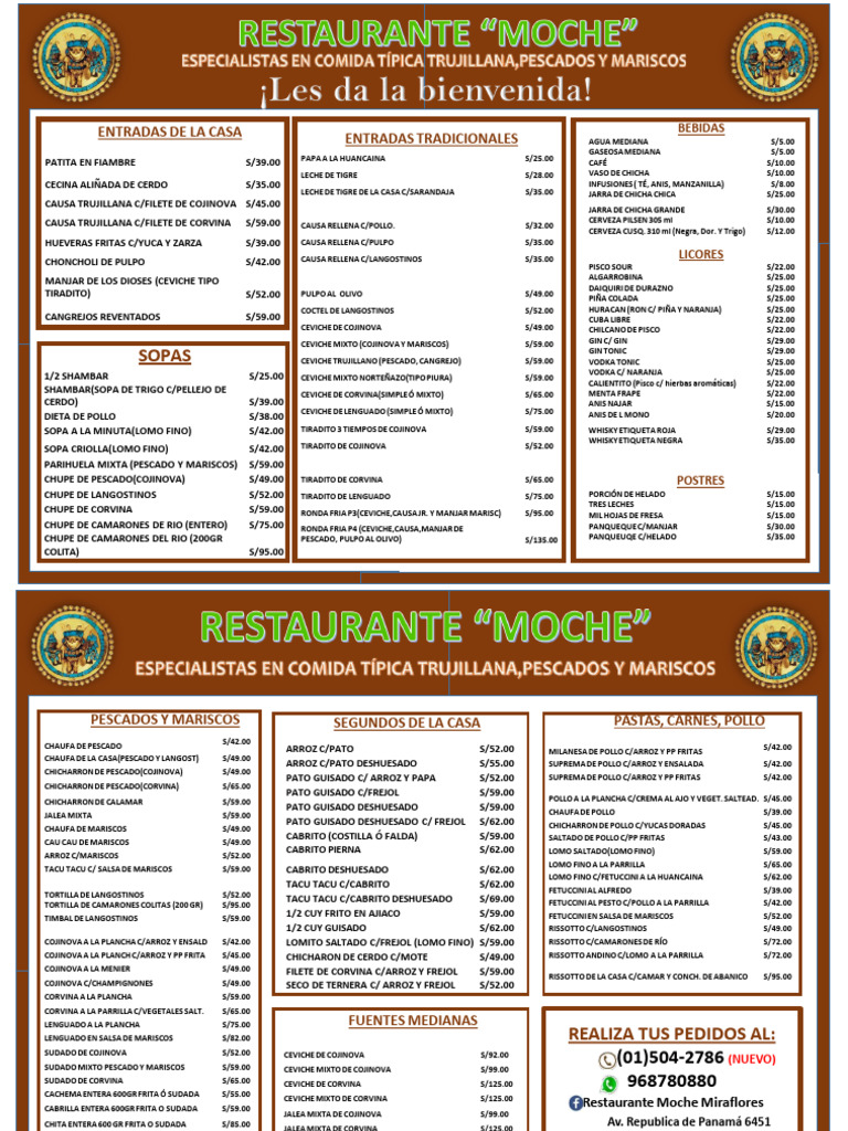 Carta del Restaurante Moche Miraflores | PDF | Mariscos | Alimentos