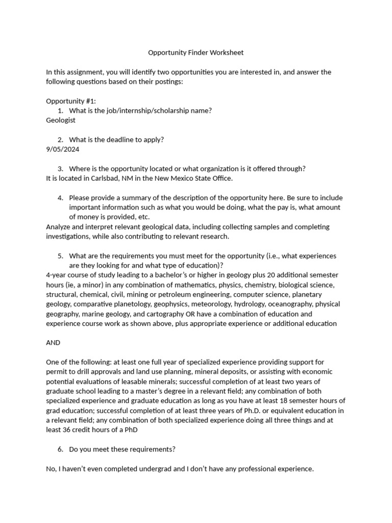 Opportunity Finder Worksheet Complete | PDF | Geology | Science