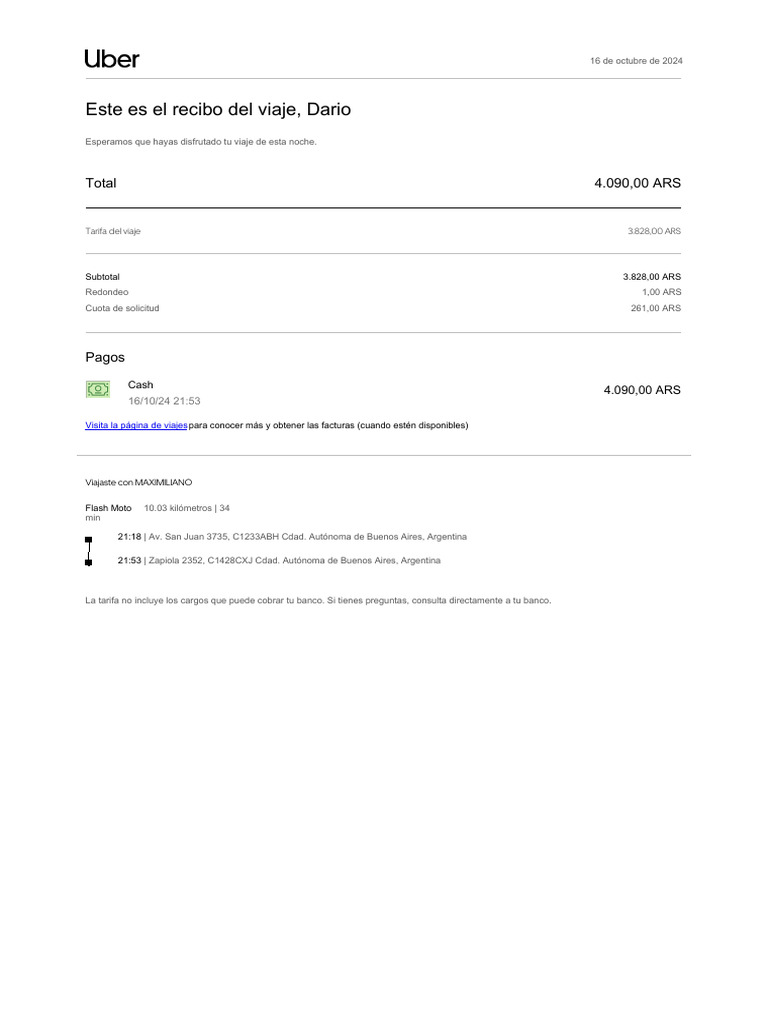 Recibo de Viaje Uber en Buenos Aires | PDF
