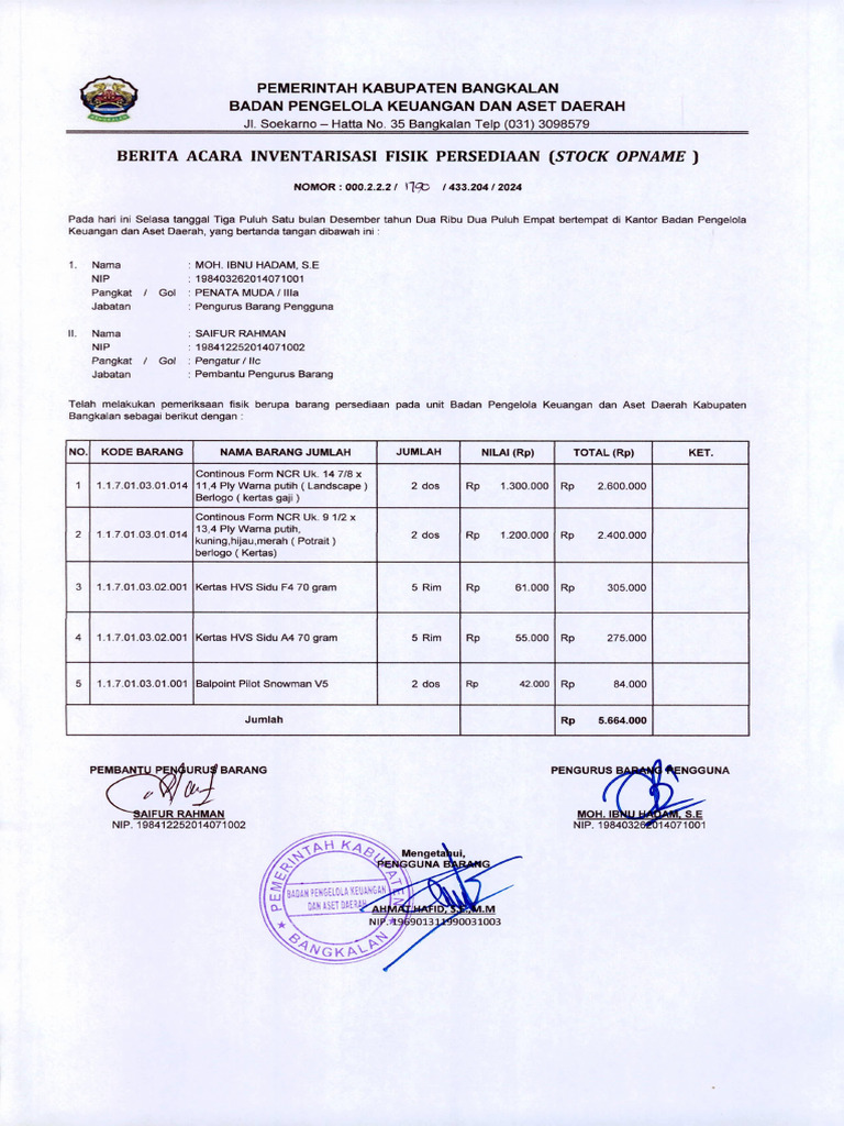 Persediaan Stock Opname Bpkad 2024 | PDF