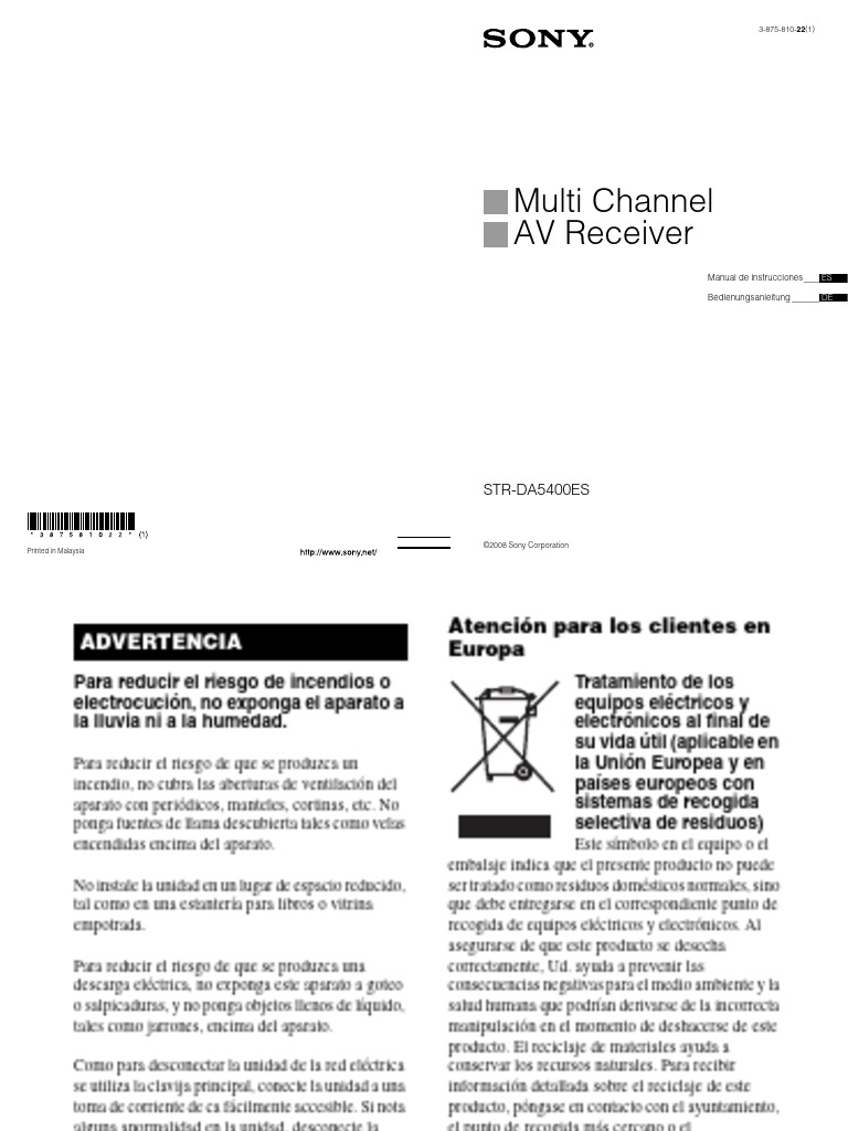 Multi Channel AV Receiver: STR-DA5400ES | PDF | Control remoto ...