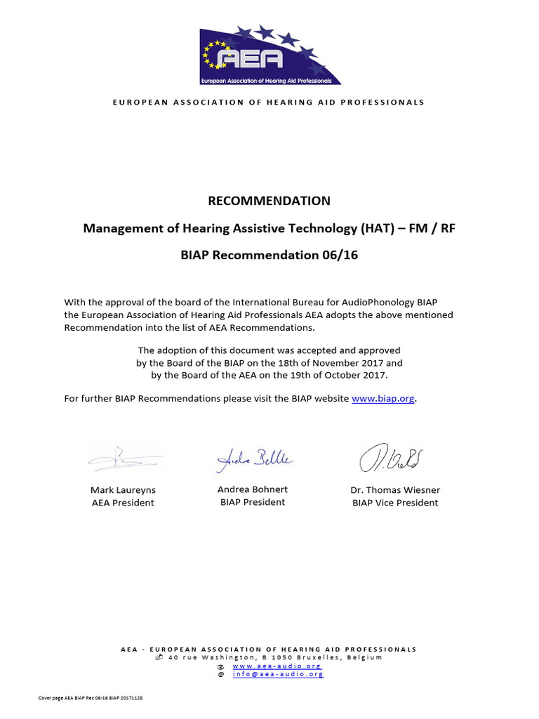 BIAP Rec 06-16 Management of Hearing Assistive Technology V AEA | PDF | Hearing Loss | Hearing Aid