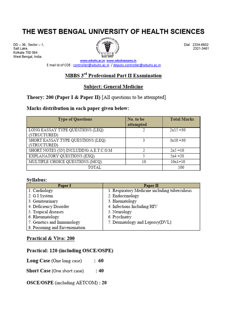 General Medicine Marks Distribution Syllabus MBBS 3rd Professional Part ...