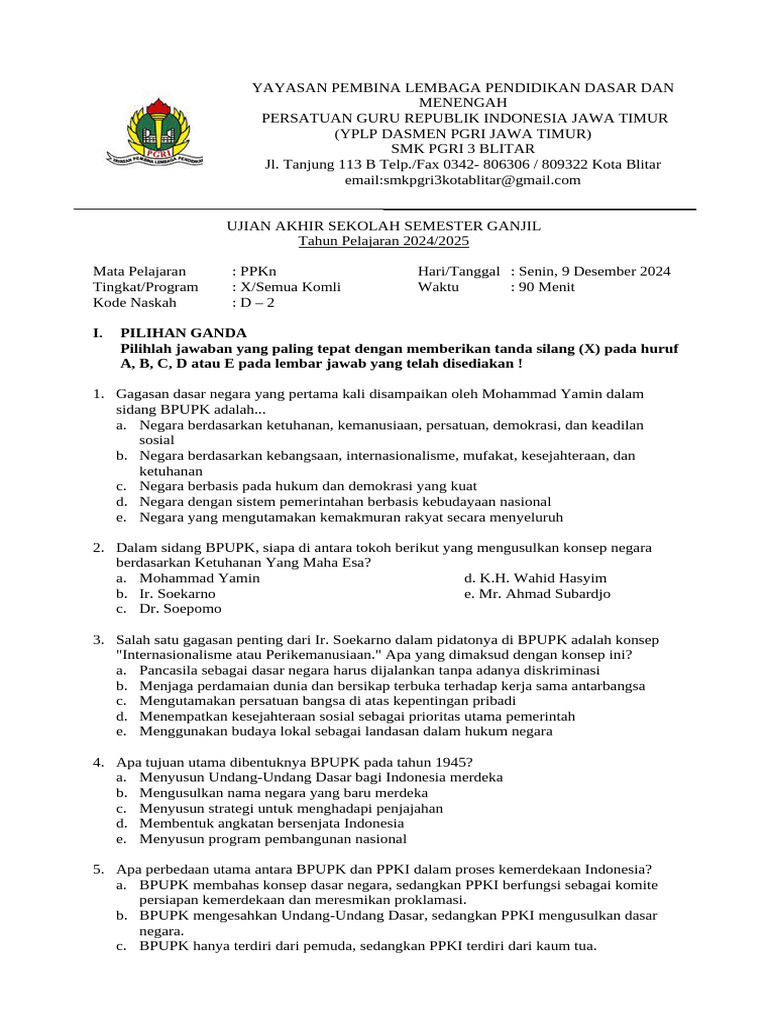 Soal Sumatif Akhir Semester 1 Kelas X TH 2024 | PDF