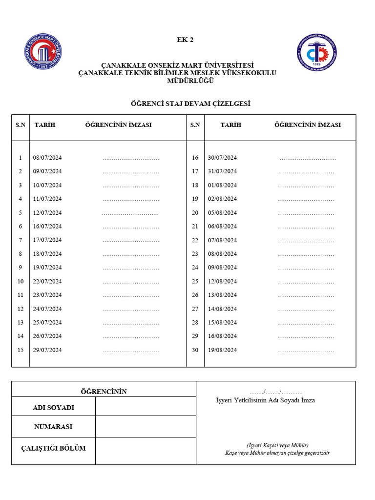 1823 Ek 2 Staj Devam Cizelgesi 08 Temmuz 19 Agustos | PDF