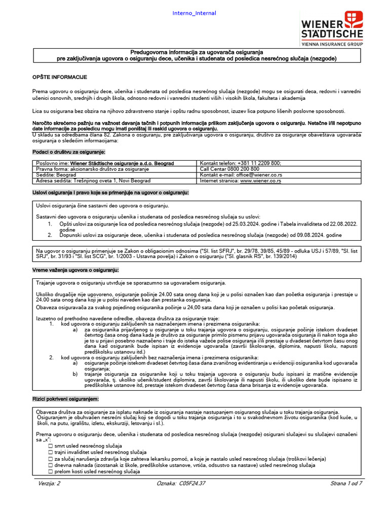 Predugovorna Informacija Za Ugovaraca Osiguranje Dece Ucenika I ...