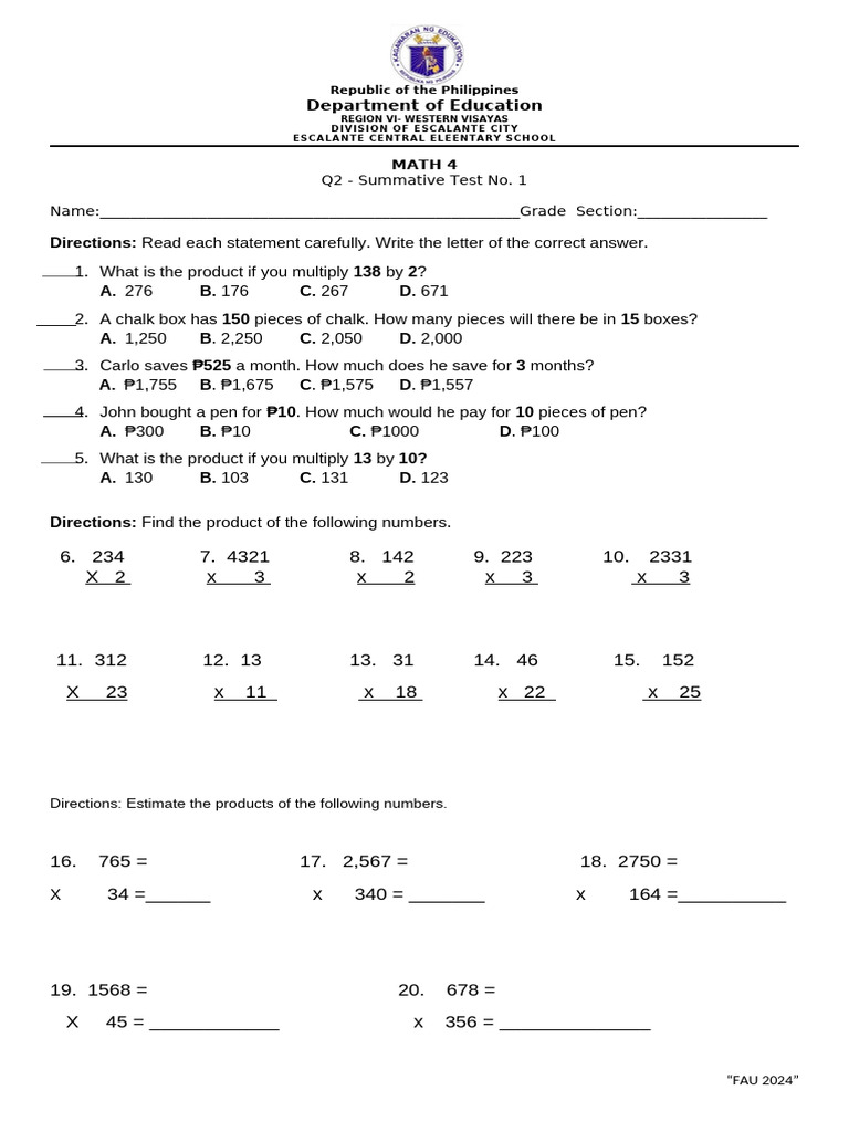 Math 4 Q2 Summative Test - Philippines | PDF