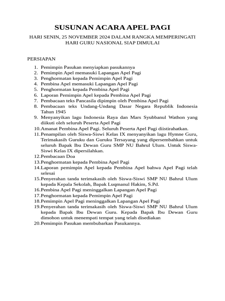SUSUNAN ACARA APEL PAGI | PDF