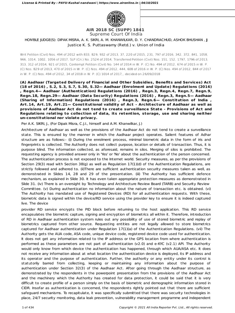 Air 2018 SC Supp 1841 Si | PDF | Privacy | Biometrics