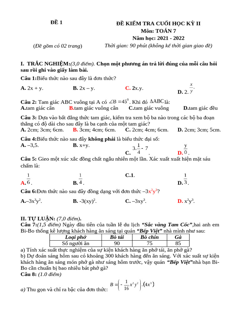 1. Đề KTCK 2 Toán 7 | PDF