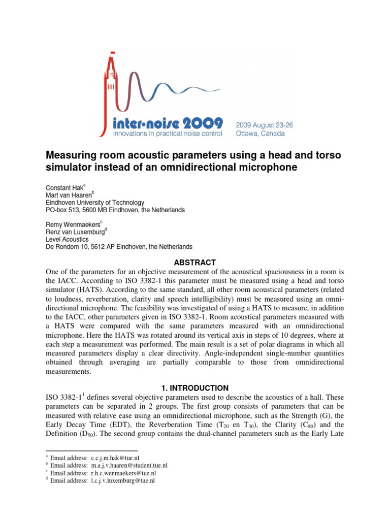 Measuring Room Acoustic Parameters Using A Head An | PDF | Microphone | Sound