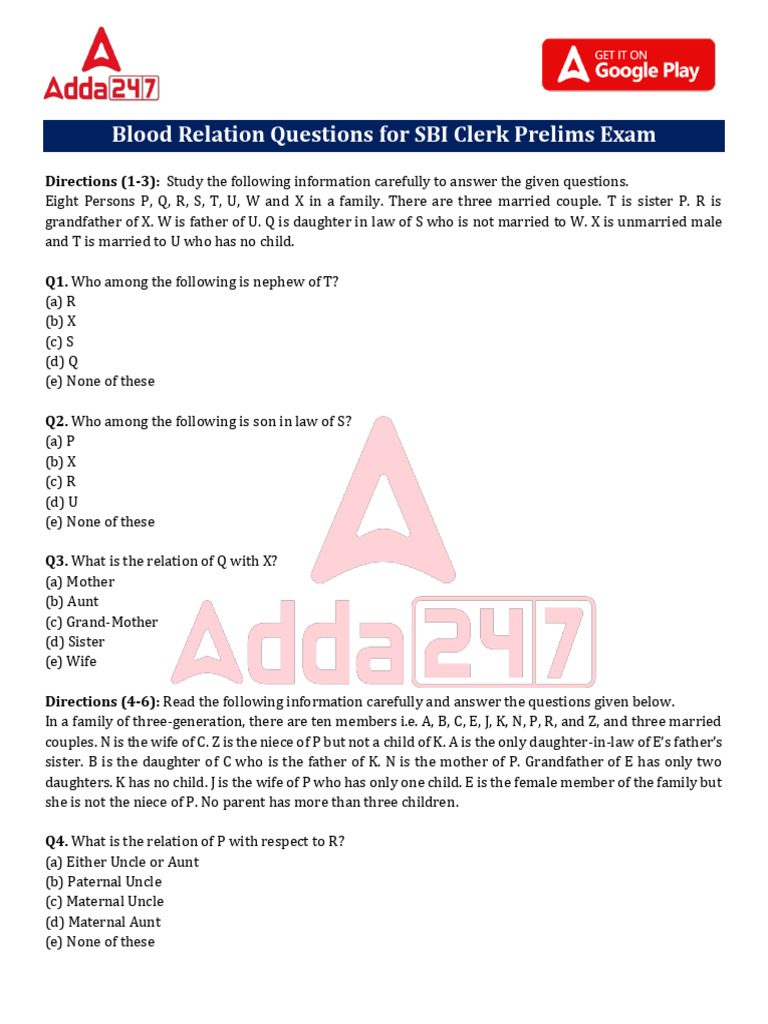 Blood Relation Questions For SBI Clerk Prelims Exam | PDF | Family | Behavioural Sciences