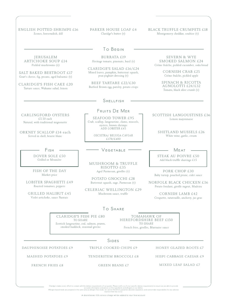 Claridges Restaurant A La Carte Menu September 2024 | PDF | Pickling ...