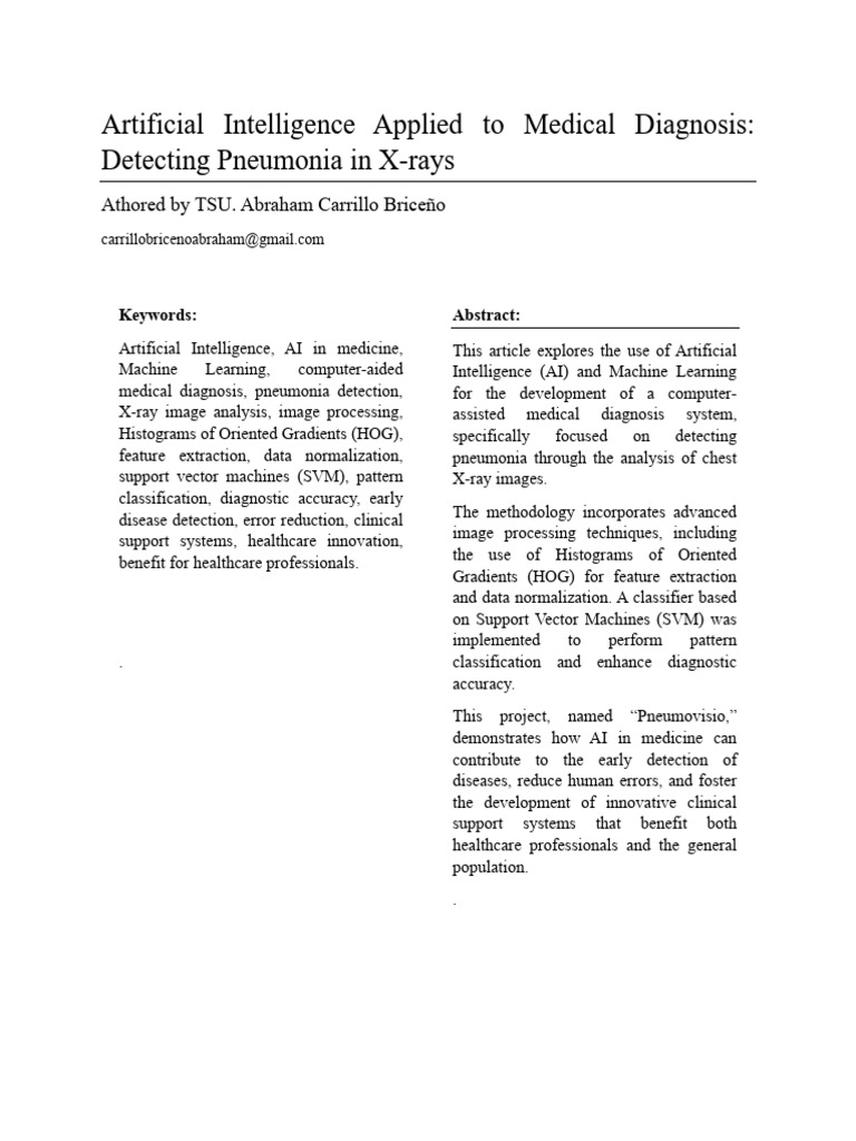 Artificial Intelligence Applied To Medical Diagnosis Detecting Pneumonia in X-Rays | PDF ...