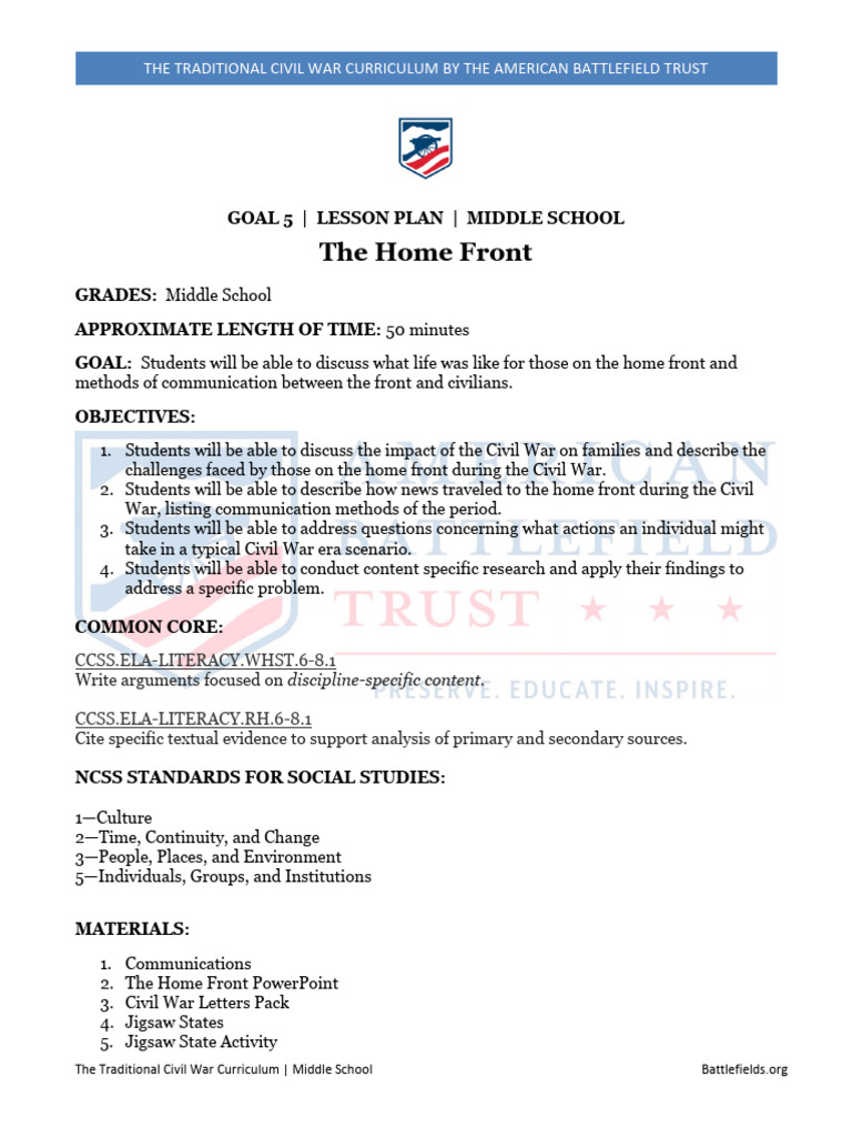 Updated Homefront Traditional Middle School Lesson Plan | PDF ...