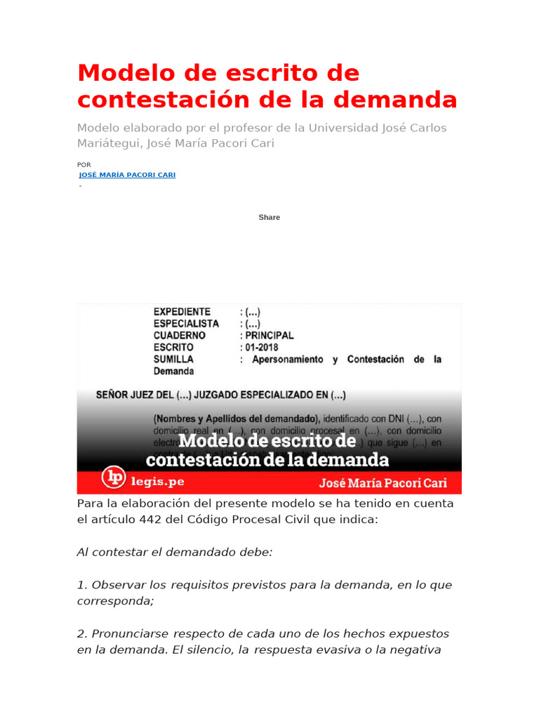 Modelo de Escrito de Contestación de La Demanda | PDF | Demanda ...