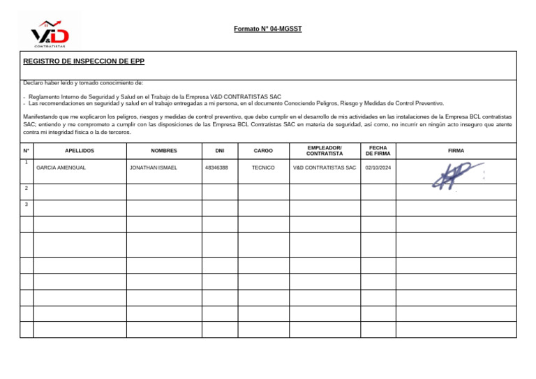 Formato #04-MGSST-GPI Registro de Entrega de RISST V&D Contratistas SAC | PDF