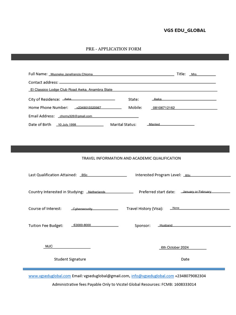 VGS Global Education Pre-Application Form | PDF