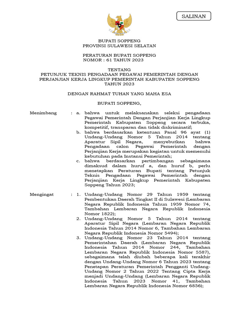 Petunjuk Teknis Pengadaan PPPK Soppeng 2023 | PDF