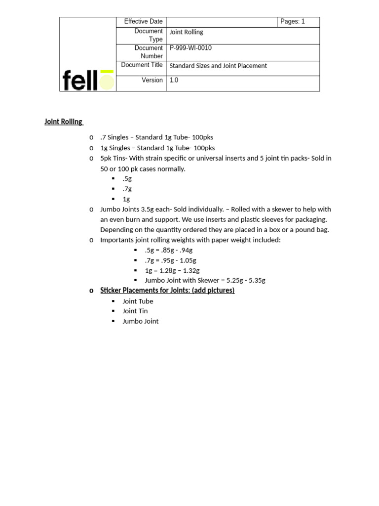 SOP Joint Sizes and Sticker Placement | PDF