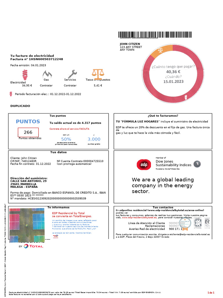 Spain EDP Utility Bill Word and PDF Template | PDF