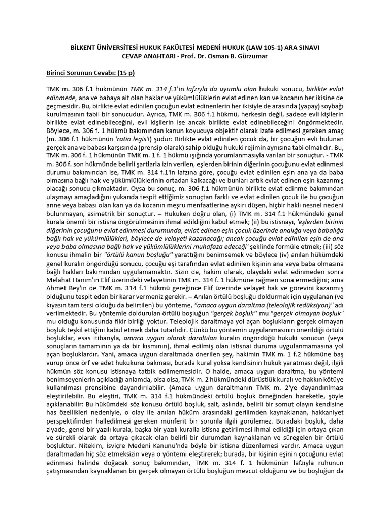 Medeni Hukuk I Vize Cevap Anahtarı 2022 Bahar 2 - 231102 - 210706 | PDF