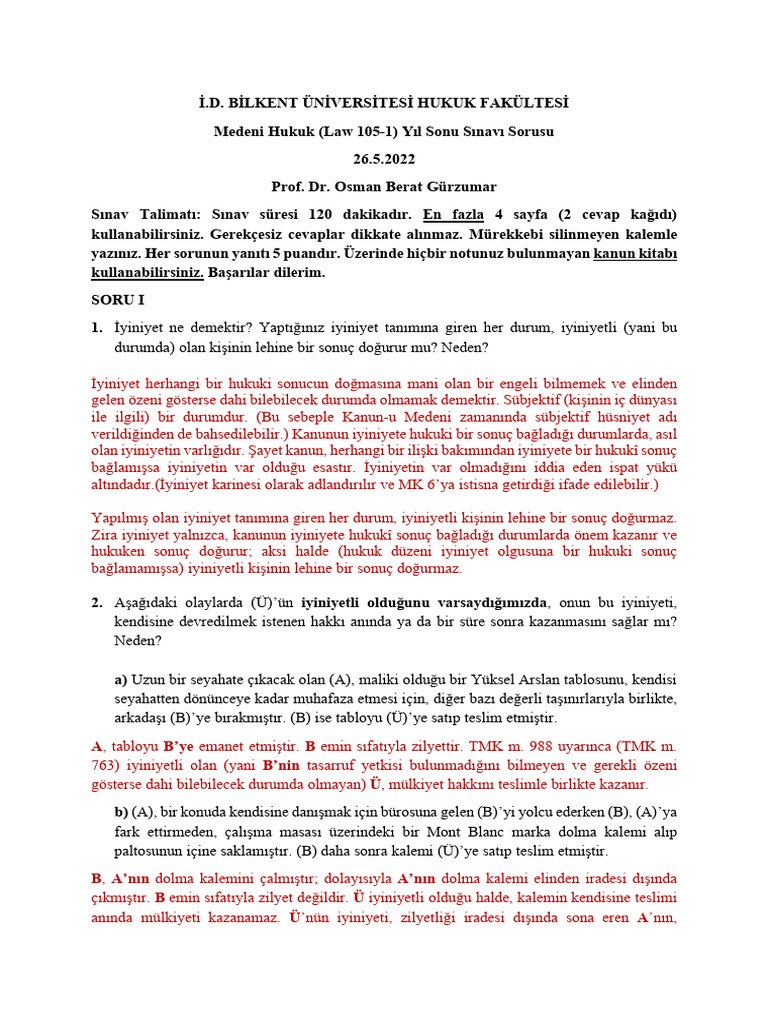 Medeni Cevap AnahtarÄ MH 2022 Bahar Final | PDF