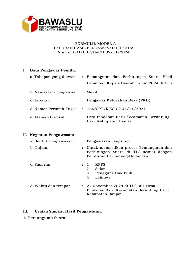 Lhp. PKD Pindahan Baru Baru TPS 001 Gubernur | PDF