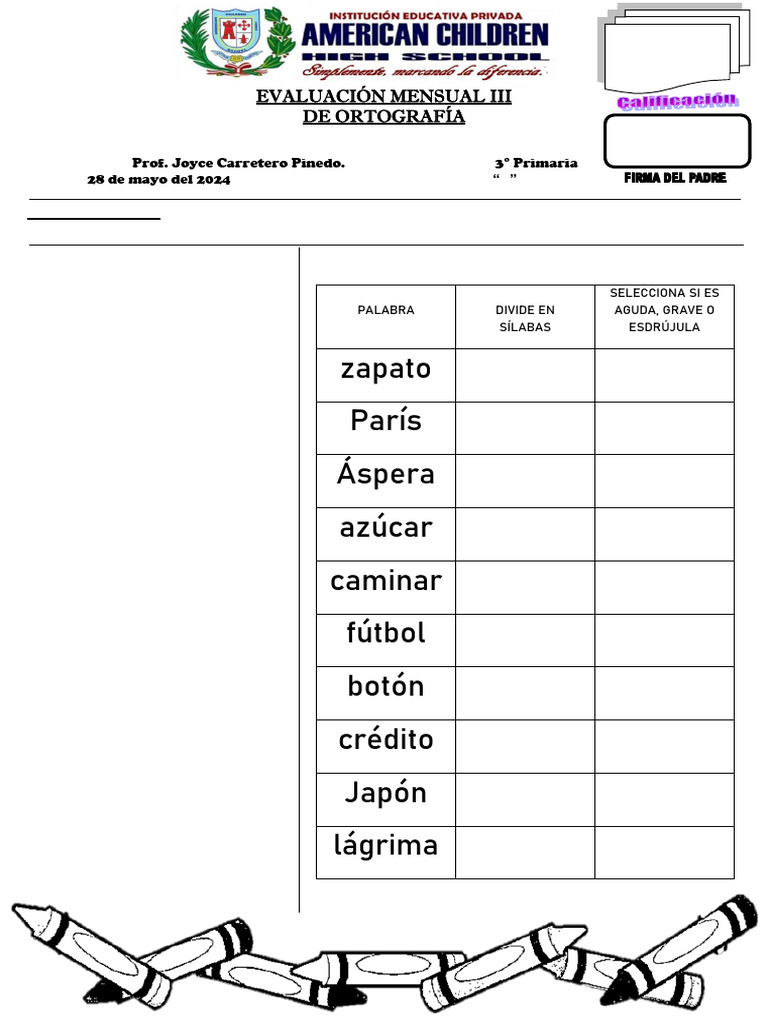 Evaluación Mensual de Ortografía 3° Primaria | PDF