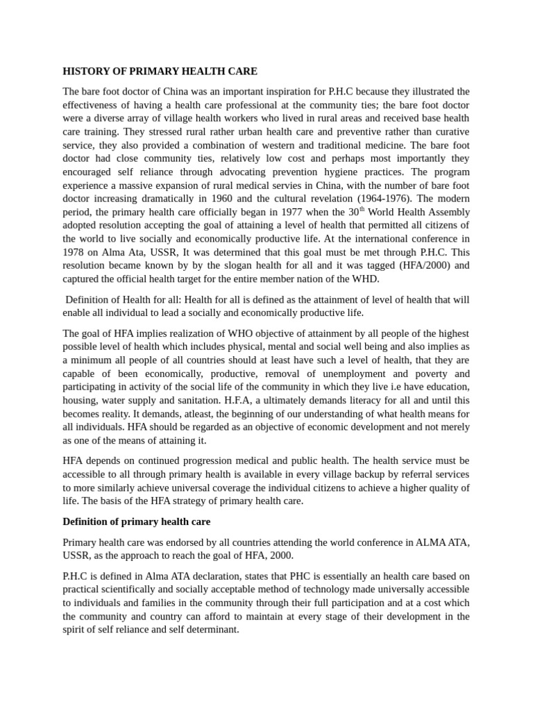 Historical Overview of Primary Health Care | PDF | Medical Diagnosis ...