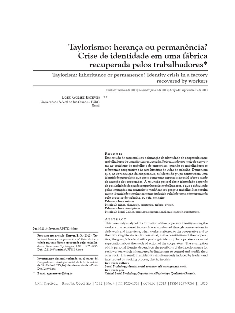 Taylorismo Heranca Ou Permanencia Crise | PDF | Sociologia | Cooperativa