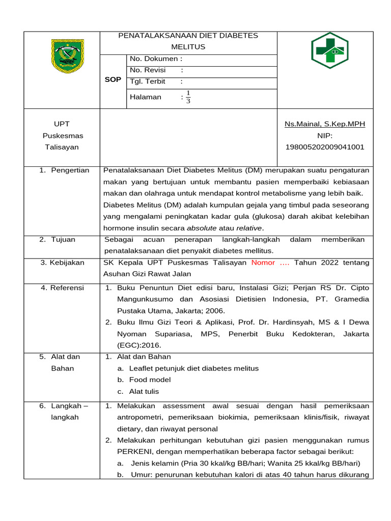 Sop Penatalaksanaan Diet Diabetes Melitus | PDF