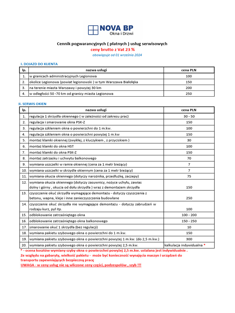 Cennik Uslug Serwisowych | PDF