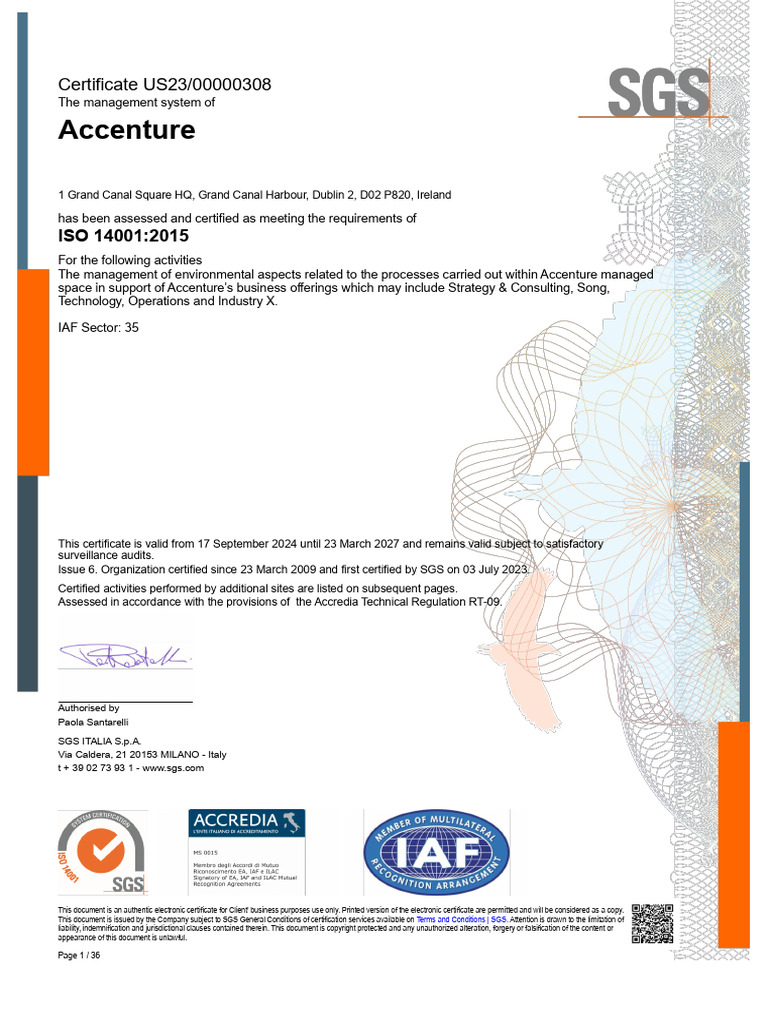 Accenture ISO 14001:2015 Certification | PDF | Forgery | Business