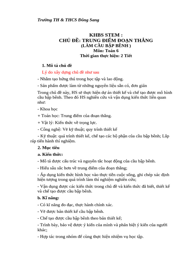 KHBD Stem, Trư NG TH & Thcs Đông Sang | PDF