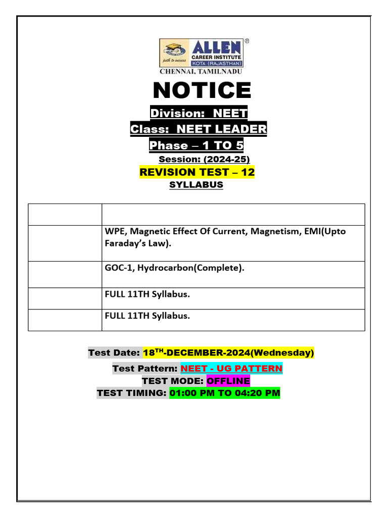 CLASS-13 - NEET LEADER (PHASE-1 TO 5) - RT-12 - 18-DECEMBER-2024 Notice ...