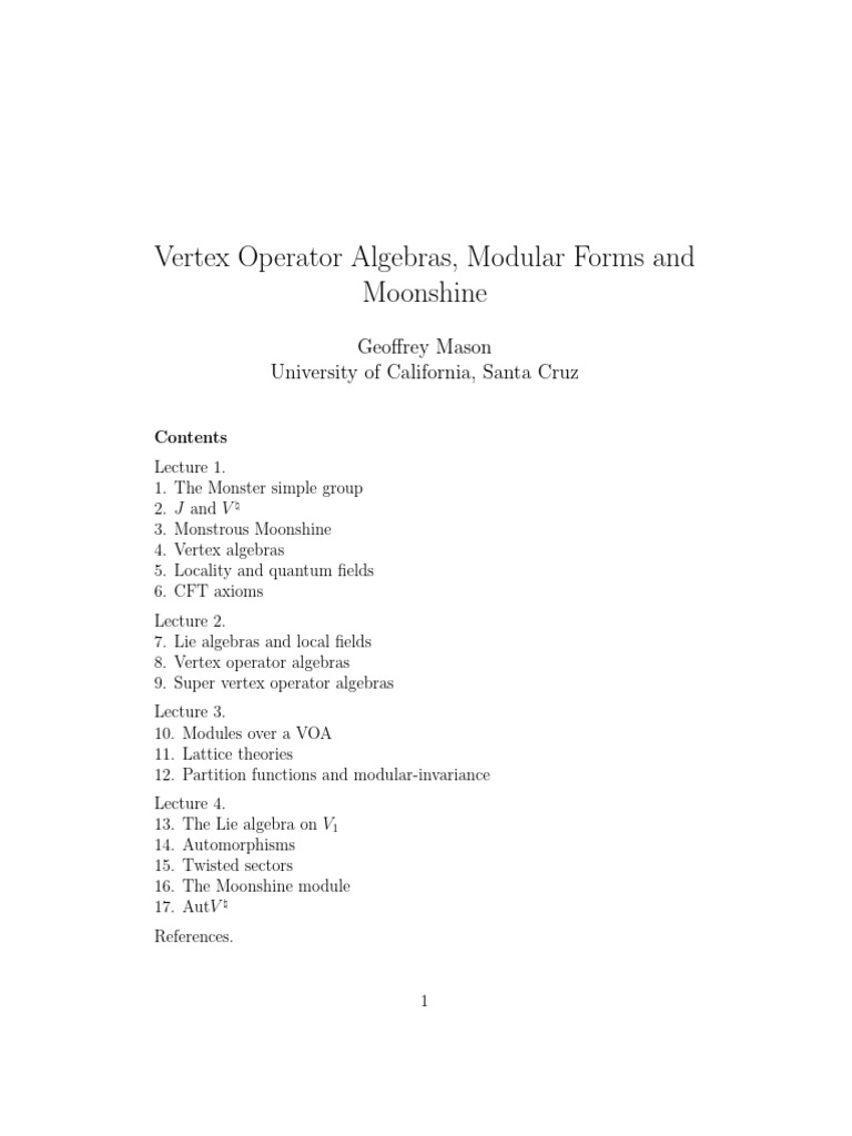 Vertex Operator Algebras Modular Forms and Moonside | PDF | Group (Mathematics) | Mathematical ...